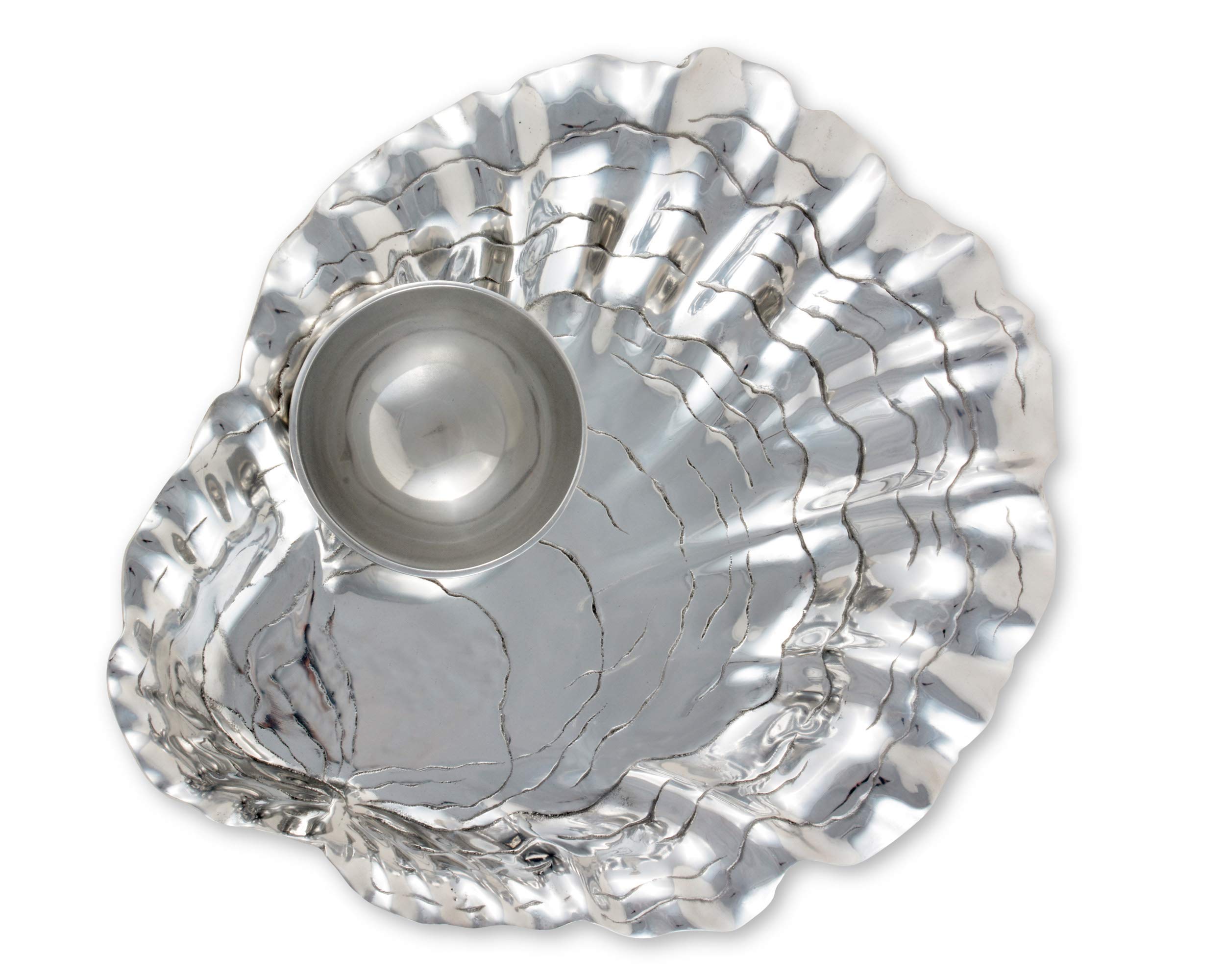 Arthur Court Aluminum Metal Oyster Chip Bowl with Pearl Dip Bowl - Formal and Everyday Coastal décor 15 inch x 13.5 inch