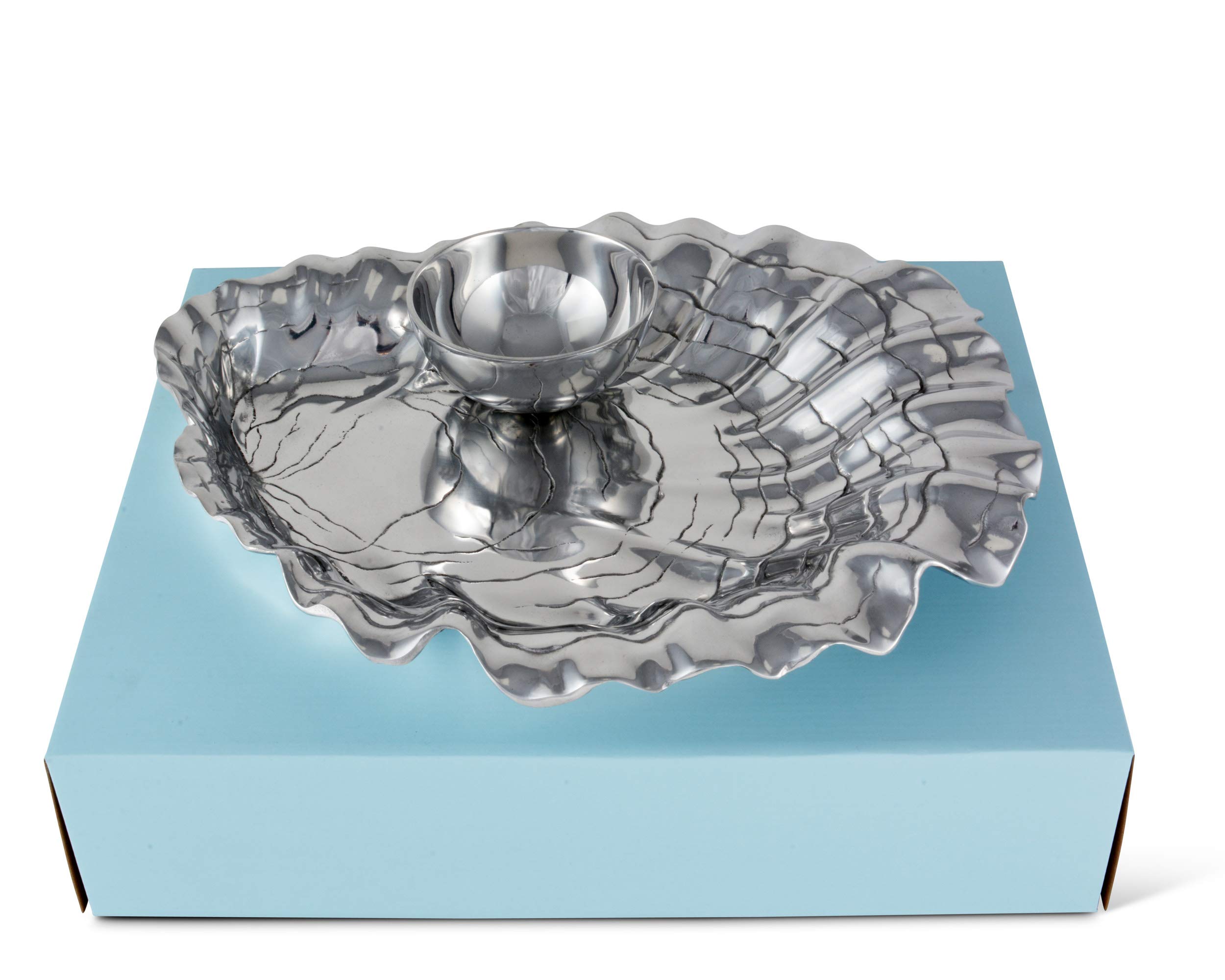 Arthur Court Aluminum Metal Oyster Chip Bowl with Pearl Dip Bowl - Formal and Everyday Coastal décor 15 inch x 13.5 inch