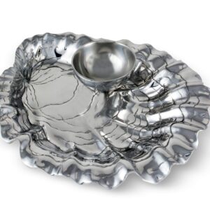 Arthur Court Aluminum Metal Oyster Chip Bowl with Pearl Dip Bowl - Formal and Everyday Coastal décor 15 inch x 13.5 inch