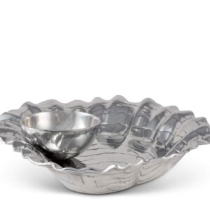 Arthur Court Aluminum Metal Oyster Chip Bowl with Pearl Dip Bowl - Formal and Everyday Coastal décor 15 inch x 13.5 inch