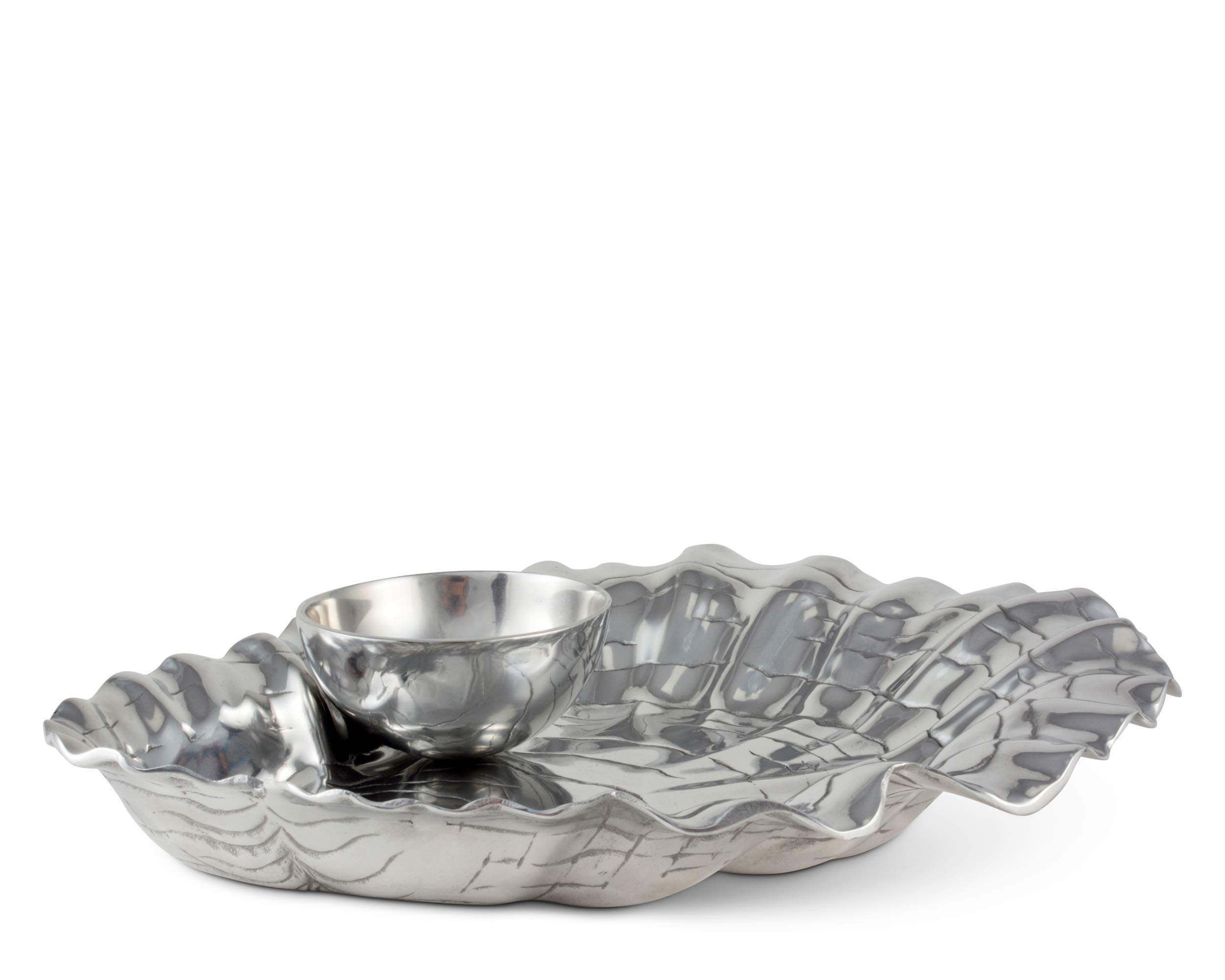 Arthur Court Aluminum Metal Oyster Chip Bowl with Pearl Dip Bowl - Formal and Everyday Coastal décor 15 inch x 13.5 inch