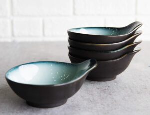 ebros gift porcelain serveware drinkware artistic ocean zen aquamarine black gradient textured restaurant supply (pack of 5 tempura dipping sauce condiment ramekin bowls with handle)