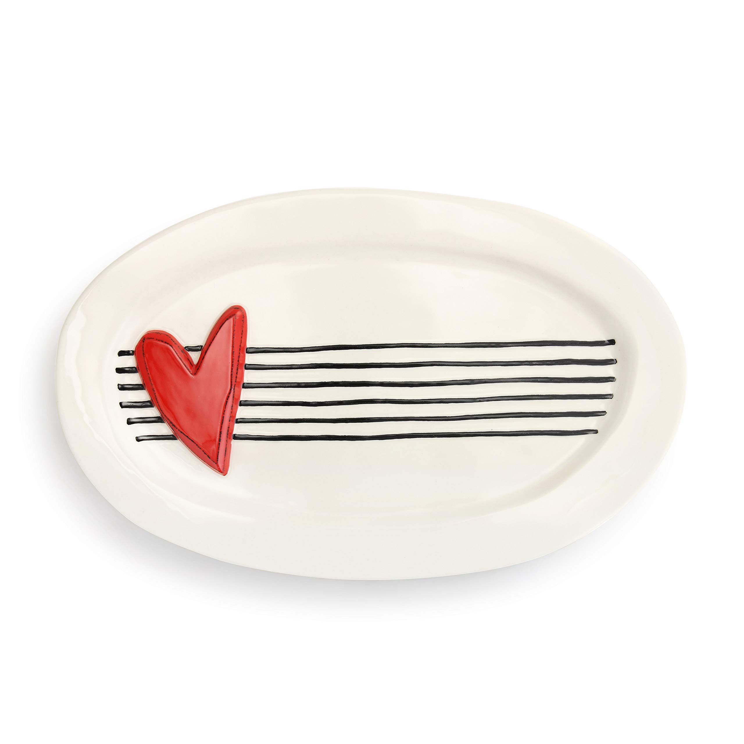 DEMDACO Molded Red Heart Glossy White Stripe 15 x 10 Ceramic Stoneware Oval Platter