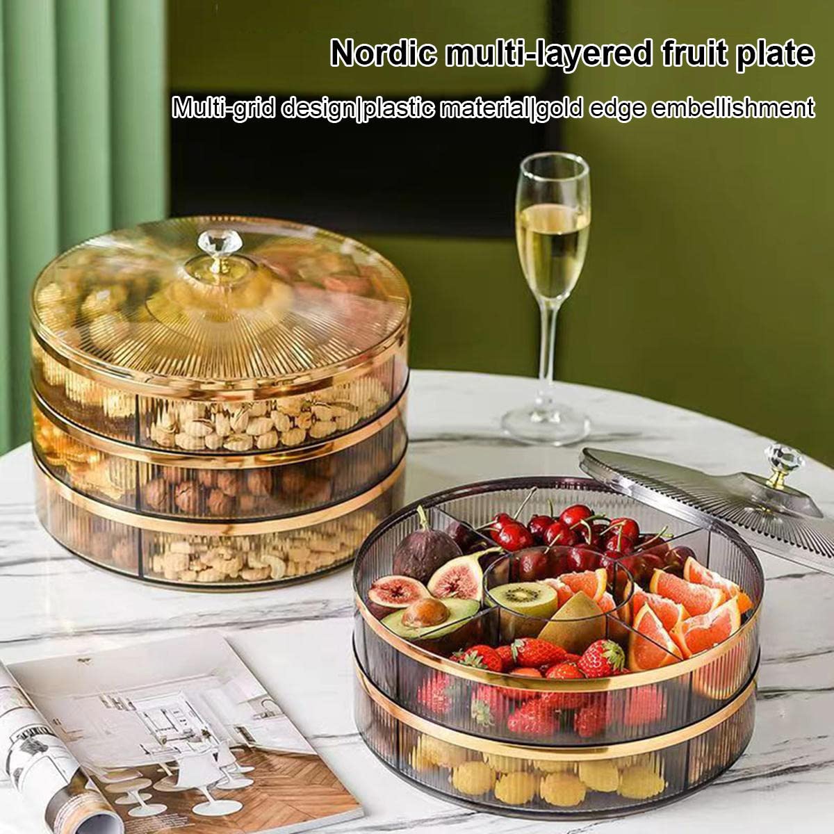 Snack Serving Tray, Divided Serving Tray with Lid, Dry Fruit Snack Relish Tray with Lid, Nut and Candy Serving Tray, for Dried Fruits, Nuts, Candies, Sweet Cookies and Fruits