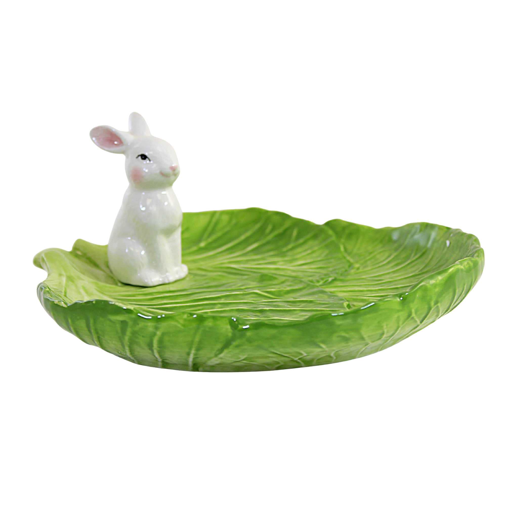 December Diamonds Green Garden 8" Lettuce Platter with Bunny Figurine