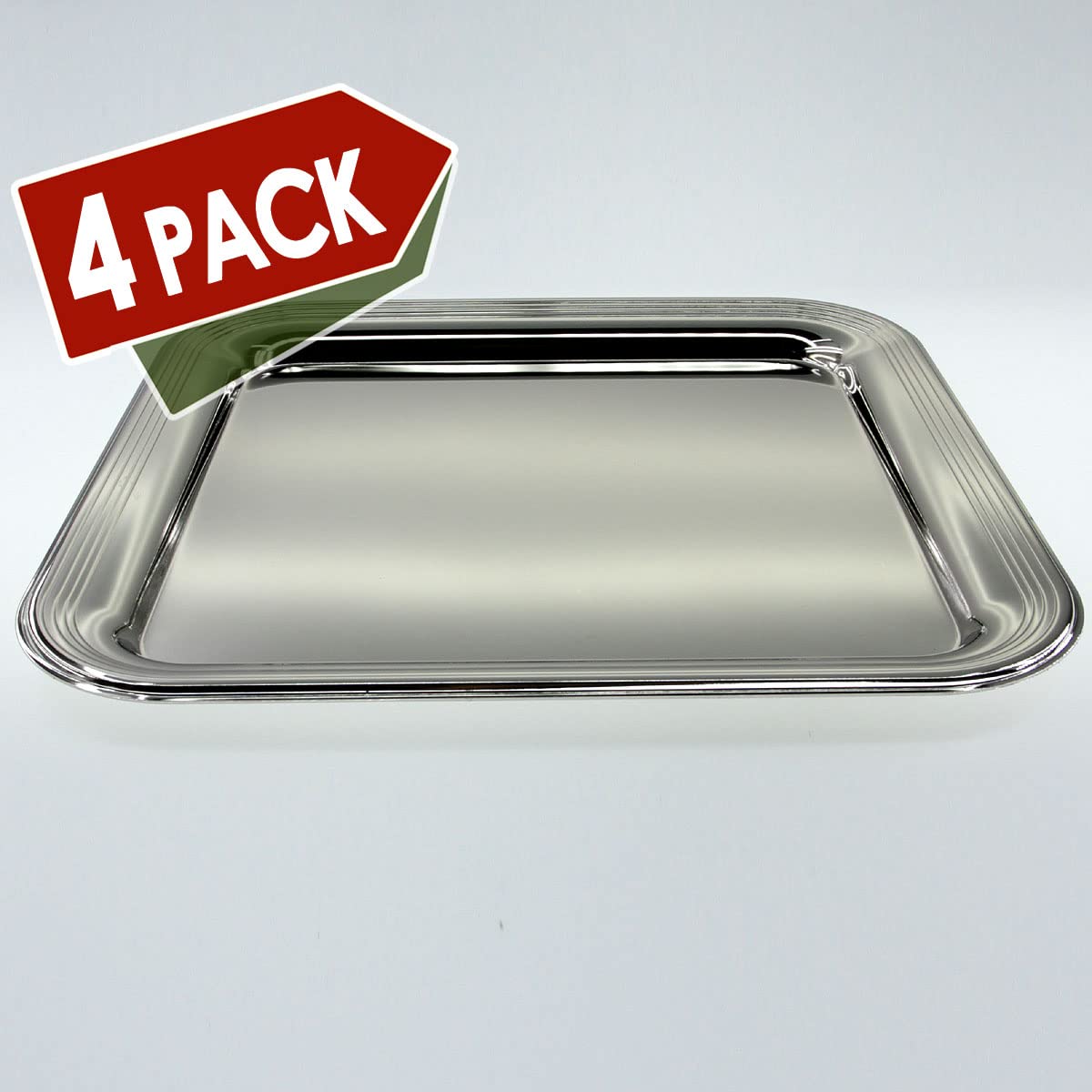 Maro Megastore (Pack of 4) 15.3 inch Square Chrome Plated Mirror Silver Serving Tray Stylish Floral Engraved Edge Decorative Party Wedding Dessert Buffet Wine Platter Plate Gift Base Dish CC-1199