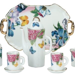 Miniature Collectible BUTTERFLIES & FLOWERS Porcelain Tea Set: Teapot, Sugar Bowl, Creamer, 2 Teacups, Serving Platter