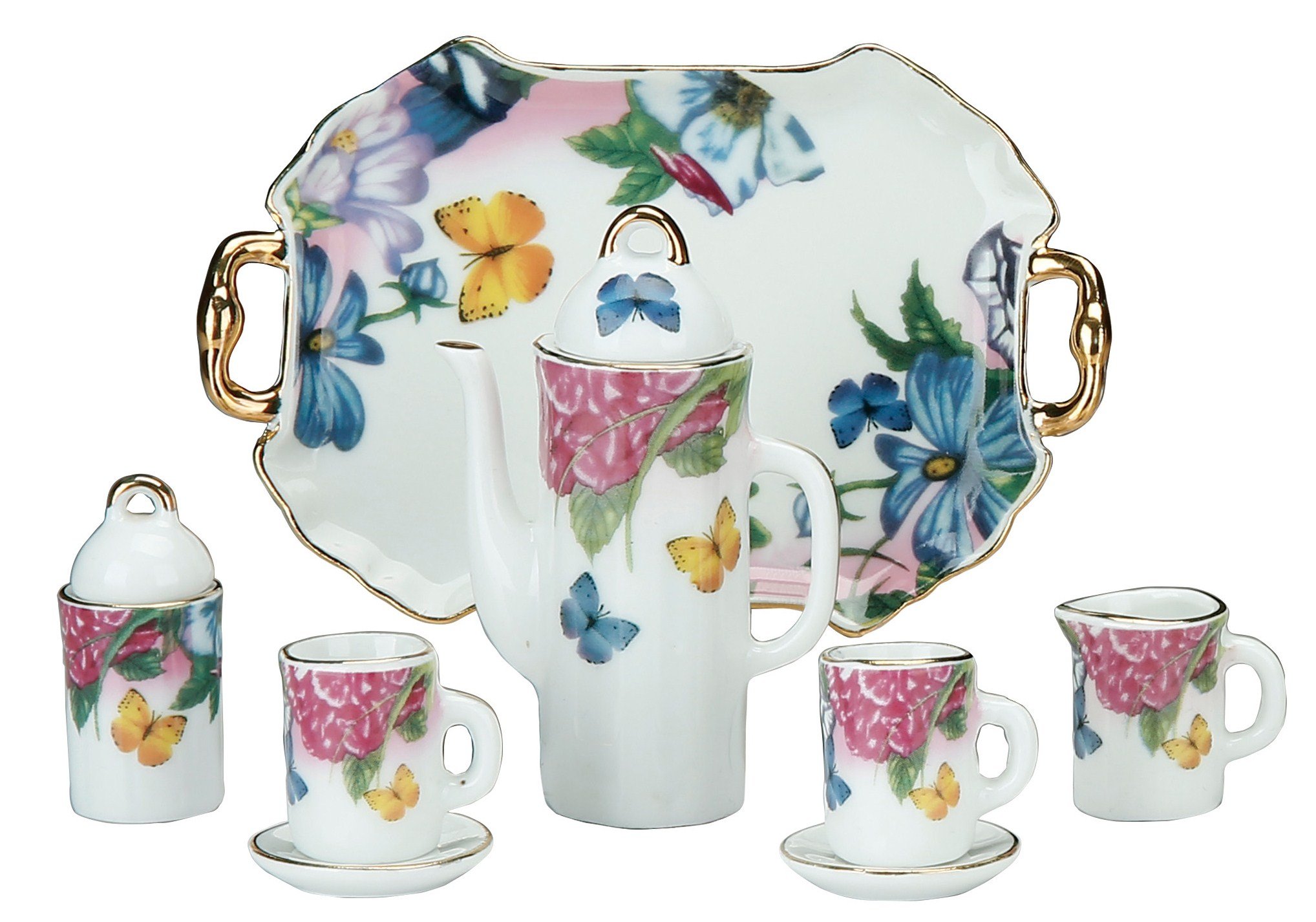 Miniature Collectible BUTTERFLIES & FLOWERS Porcelain Tea Set: Teapot, Sugar Bowl, Creamer, 2 Teacups, Serving Platter