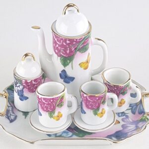 Miniature Collectible BUTTERFLIES & FLOWERS Porcelain Tea Set: Teapot, Sugar Bowl, Creamer, 2 Teacups, Serving Platter