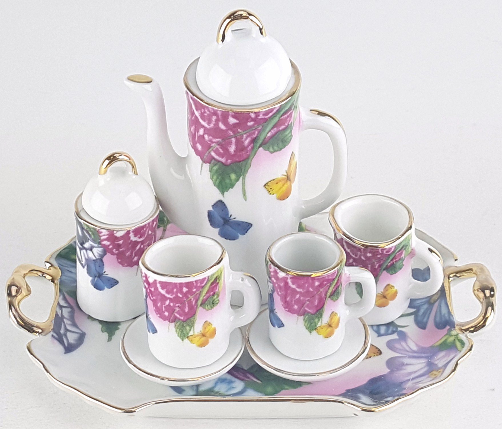 Miniature Collectible BUTTERFLIES & FLOWERS Porcelain Tea Set: Teapot, Sugar Bowl, Creamer, 2 Teacups, Serving Platter