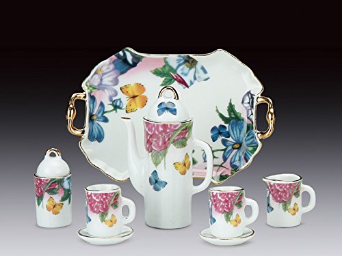 Miniature Collectible BUTTERFLIES & FLOWERS Porcelain Tea Set: Teapot, Sugar Bowl, Creamer, 2 Teacups, Serving Platter