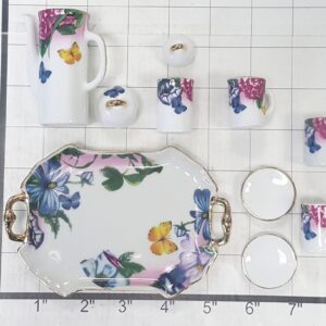 Miniature Collectible BUTTERFLIES & FLOWERS Porcelain Tea Set: Teapot, Sugar Bowl, Creamer, 2 Teacups, Serving Platter