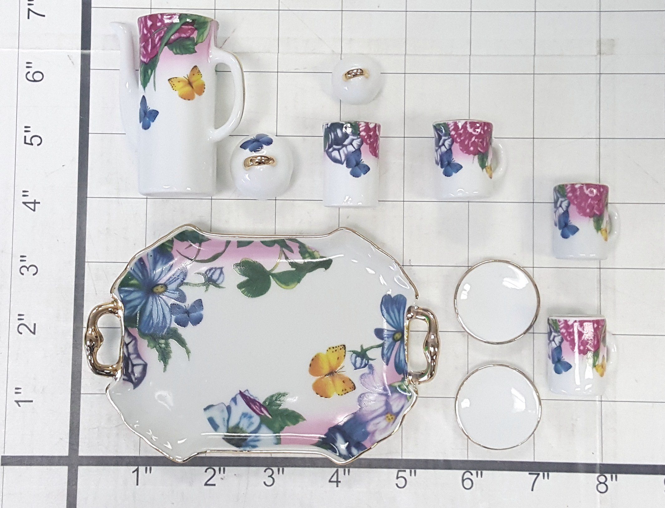 Miniature Collectible BUTTERFLIES & FLOWERS Porcelain Tea Set: Teapot, Sugar Bowl, Creamer, 2 Teacups, Serving Platter