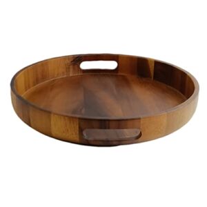 f&l fl005 acacia wood serving round tray with handles crafted natural for coffee, tea, breakfast, lunch, dinner, appertizers, fruit, dessert, cake, snack, large platter 14" diameter x 2" height