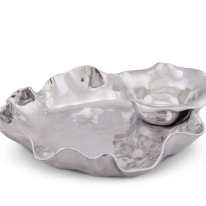 Arthur Court Metal Modern Two Piece Chip and Dip Platter and Dip Bowl in Carmel Pattern Sand Casted in Aluminum with Artisan Quality Hand Polished Designer Tarnish-Free 15 inch x 14 inch