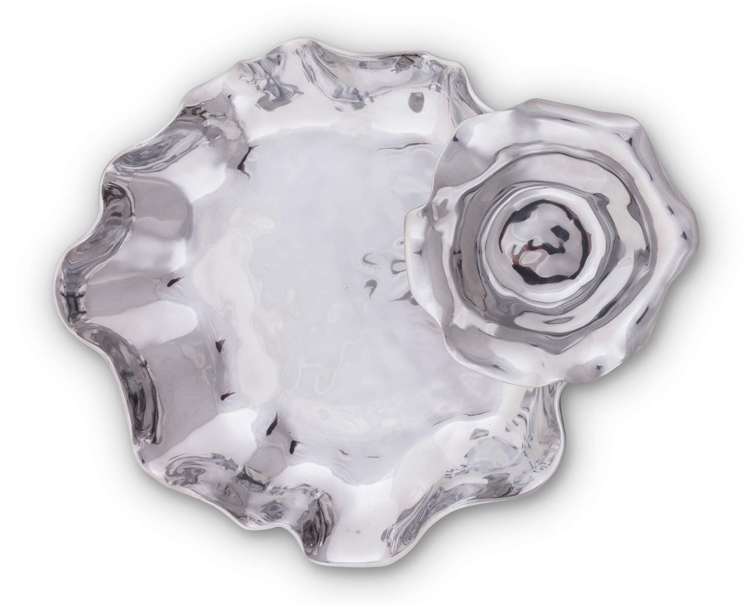 Arthur Court Metal Modern Two Piece Chip and Dip Platter and Dip Bowl in Carmel Pattern Sand Casted in Aluminum with Artisan Quality Hand Polished Designer Tarnish-Free 15 inch x 14 inch