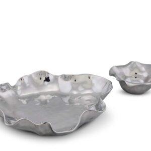 Arthur Court Metal Modern Two Piece Chip and Dip Platter and Dip Bowl in Carmel Pattern Sand Casted in Aluminum with Artisan Quality Hand Polished Designer Tarnish-Free 15 inch x 14 inch