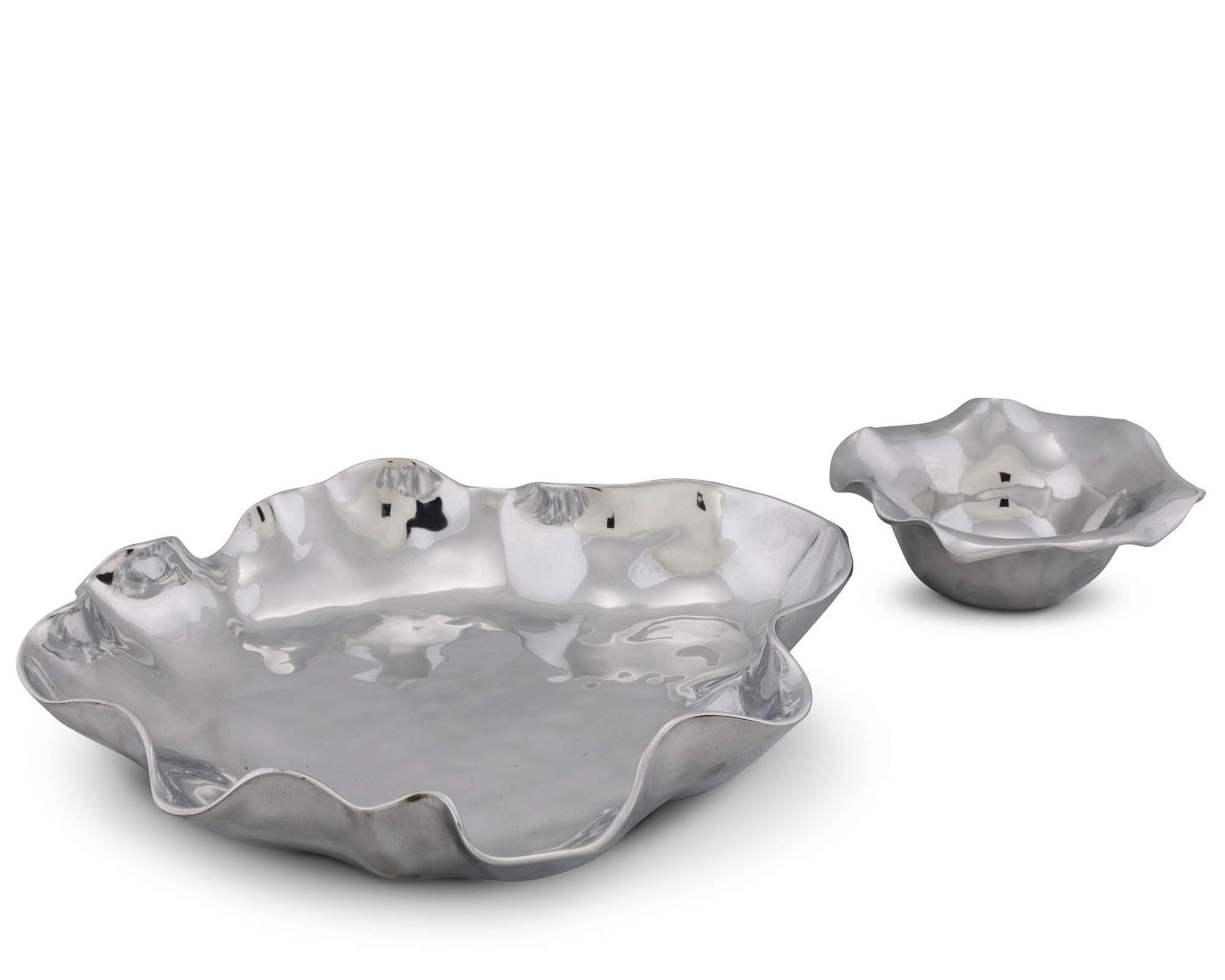 Arthur Court Metal Modern Two Piece Chip and Dip Platter and Dip Bowl in Carmel Pattern Sand Casted in Aluminum with Artisan Quality Hand Polished Designer Tarnish-Free 15 inch x 14 inch