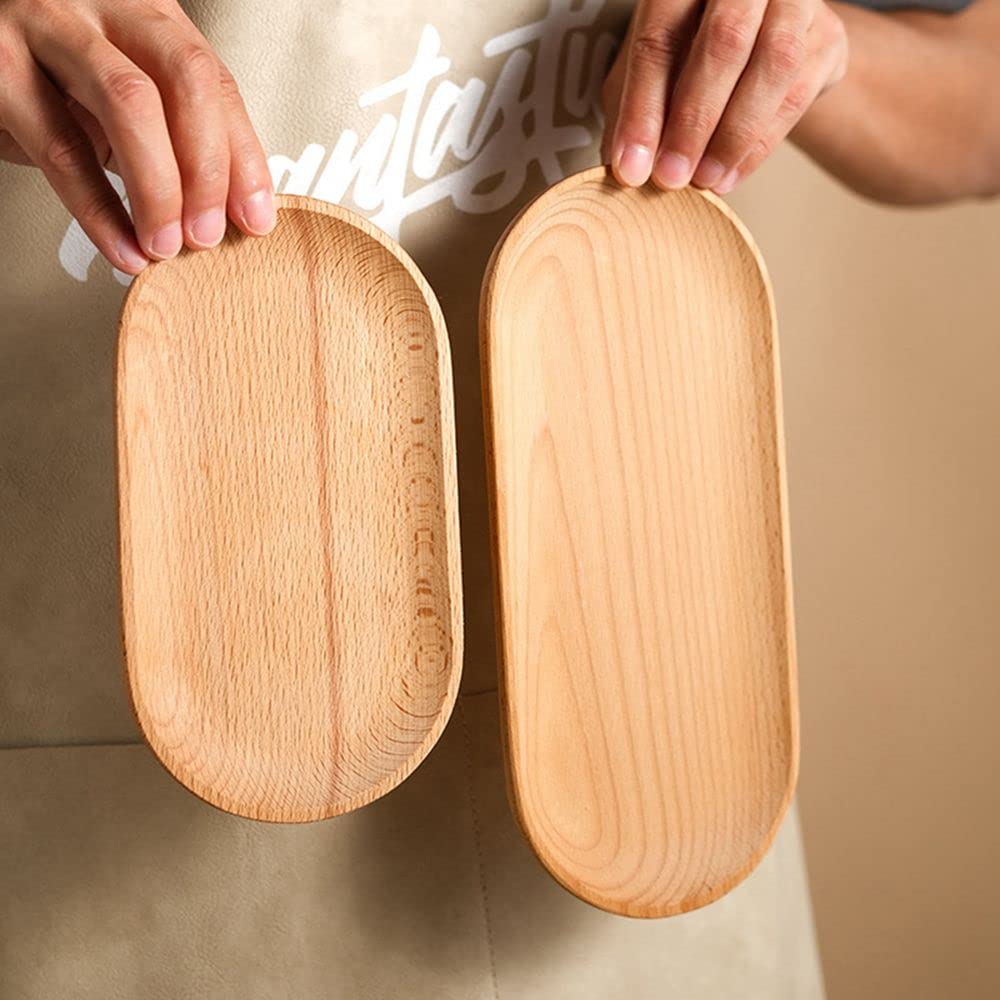 Beech Wood Plates Cheese Plate, Sushi Snack Tray Dessert Dish Solid Oval Plates for Coffee, Tea, Fruit, Plant Pot(S)