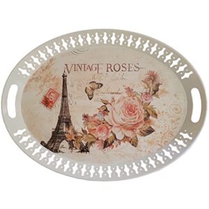 hadaaya oval metal serving tray and paris themed eiffel tower vintage roses design print sticker multi-use platter for holiday decoration, gift hamper tray, 16.5 inches, for halloween, christmas