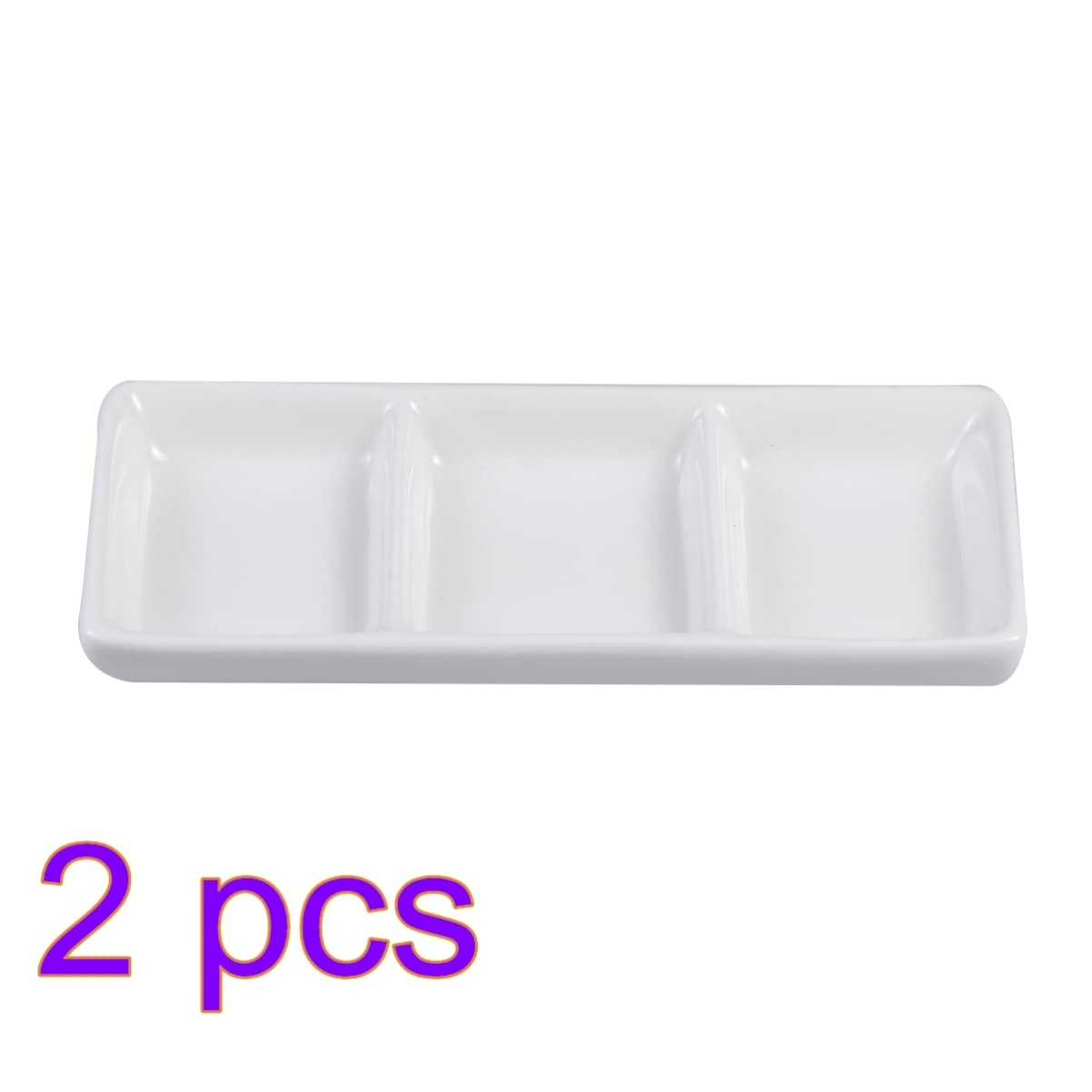 DOITOOL 2 Pcs White Ceramic Serving Platter Pure White Ceramic 3- Compartment Appetizer Serving Tray Rectangular Divided Sauce Dishes for Spice Dish Soy Sauce (15cm x 6. 5cm/ White)