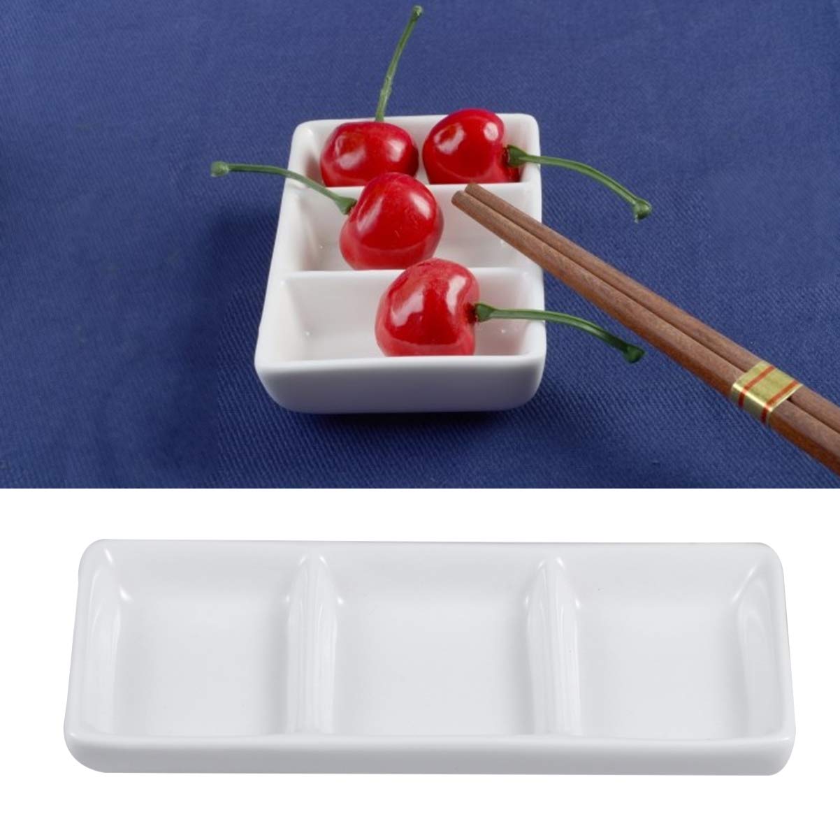 DOITOOL 2 Pcs White Ceramic Serving Platter Pure White Ceramic 3- Compartment Appetizer Serving Tray Rectangular Divided Sauce Dishes for Spice Dish Soy Sauce (15cm x 6. 5cm/ White)