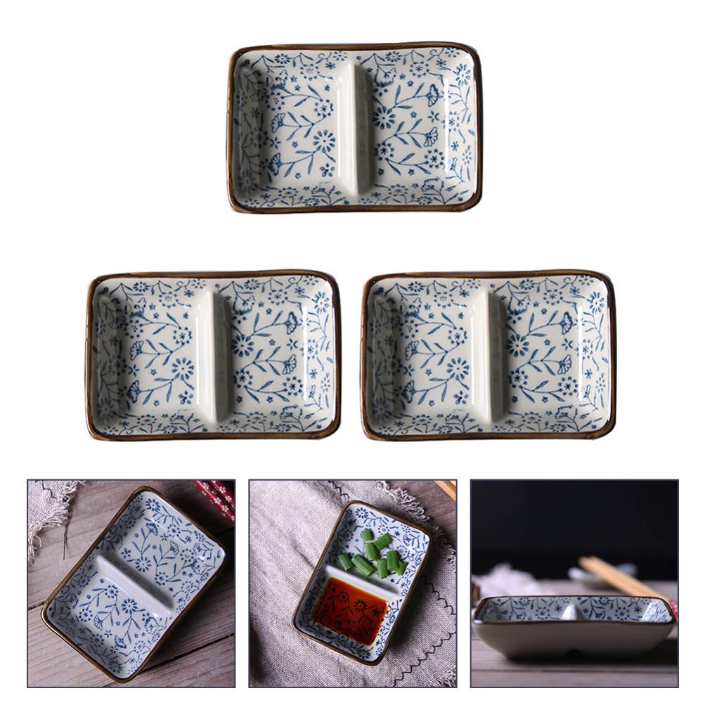 Cabilock 3pcs Seasoning Dish Sushi Dishes 2- Gird Sauce Dish Small Serving Dish Saucer Dish Japanese Soy Sauce Japan Snacks Seafood Dishes Butter Tray Condiment Tray Ceramics Grid Dip