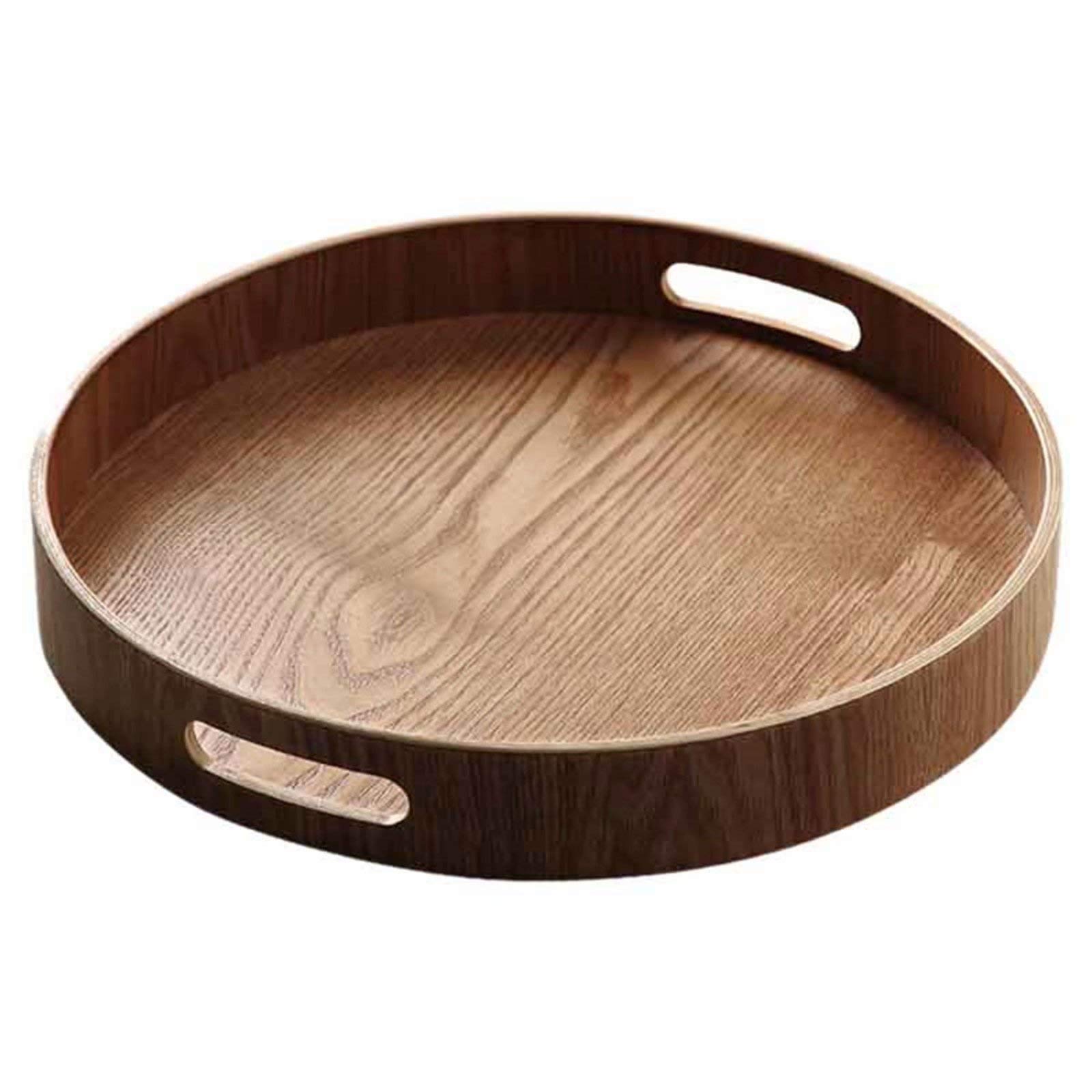 16 Inch Round Serving Tray Natural Bamboo Wood Food Tray with Cut-Out Handles for Serving Tea, Coffee, Snacks, Water, Drinks