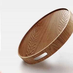 16 Inch Round Serving Tray Natural Bamboo Wood Food Tray with Cut-Out Handles for Serving Tea, Coffee, Snacks, Water, Drinks