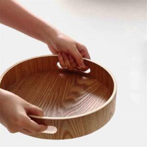 16 Inch Round Serving Tray Natural Bamboo Wood Food Tray with Cut-Out Handles for Serving Tea, Coffee, Snacks, Water, Drinks