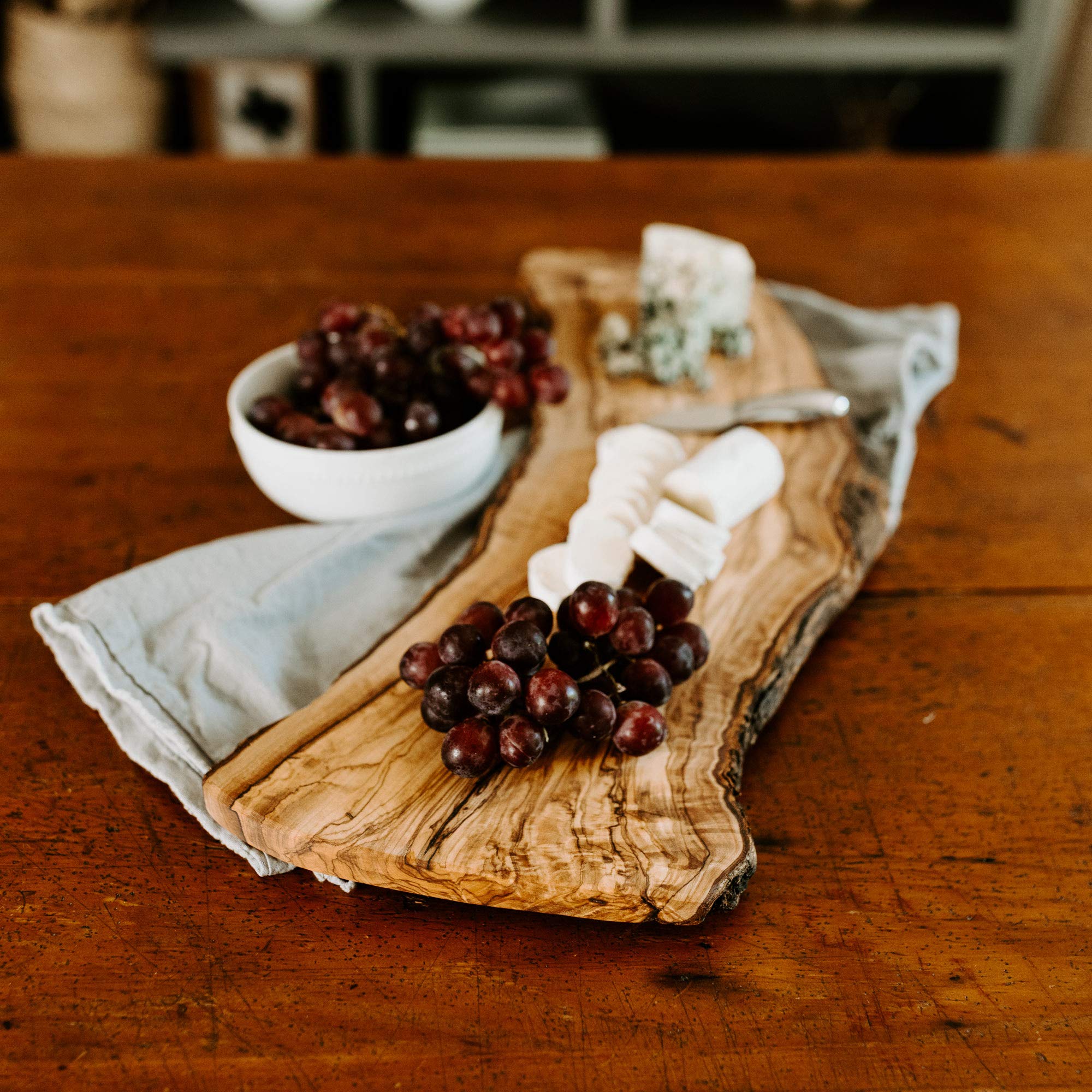 Tramanto Long Cheese Board 24 Inch Olive Wood Luxury Server, Live Bark with Raw Edge