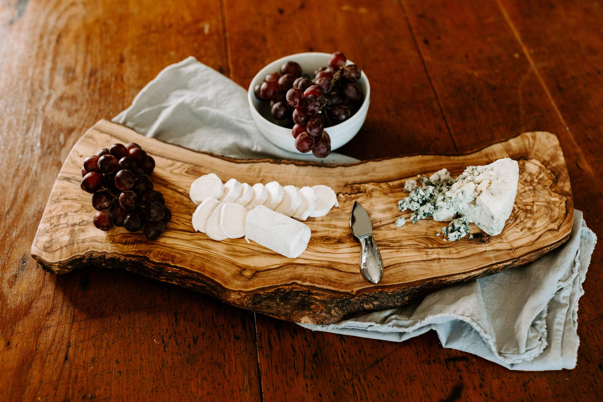 Tramanto Long Cheese Board 24 Inch Olive Wood Luxury Server, Live Bark with Raw Edge