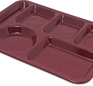 Carlisle FoodService Products Plastic Meal Tray Left-Handed Heavyweight Lunch Tray with 6-Compartments for Schools, Cafeterias, and Dining Halls, Melamine, 14 x 10 Inches, Dark Cranberry, (Pack of 12)