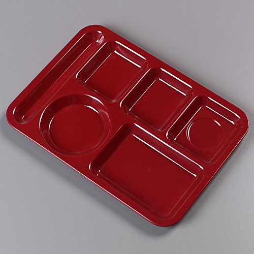 Carlisle FoodService Products Plastic Meal Tray Left-Handed Heavyweight Lunch Tray with 6-Compartments for Schools, Cafeterias, and Dining Halls, Melamine, 14 x 10 Inches, Dark Cranberry, (Pack of 12)