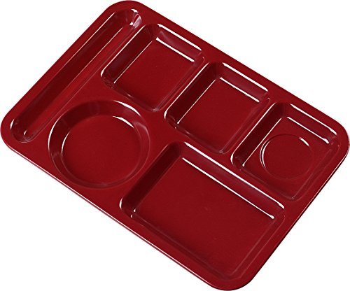 Carlisle FoodService Products Plastic Meal Tray Left-Handed Heavyweight Lunch Tray with 6-Compartments for Schools, Cafeterias, and Dining Halls, Melamine, 14 x 10 Inches, Dark Cranberry, (Pack of 12)