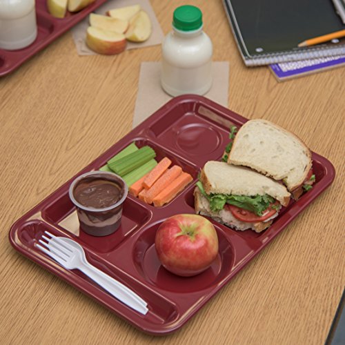 Carlisle FoodService Products Plastic Meal Tray Left-Handed Heavyweight Lunch Tray with 6-Compartments for Schools, Cafeterias, and Dining Halls, Melamine, 14 x 10 Inches, Dark Cranberry, (Pack of 12)