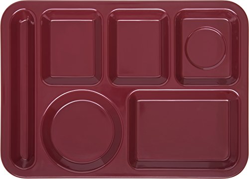 Carlisle FoodService Products Plastic Meal Tray Left-Handed Heavyweight Lunch Tray with 6-Compartments for Schools, Cafeterias, and Dining Halls, Melamine, 14 x 10 Inches, Dark Cranberry, (Pack of 12)