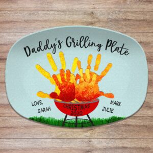 Camcam Handprint Custom Grilling Plate Personalized Platter For Father's Day Daddy's Handprints Of Dad And Son Daughter Serving Trays Plates Fish Dish, Steak, 10'' x 14''