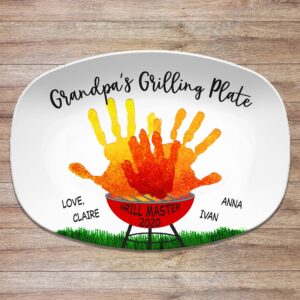 Camcam Handprint Custom Grilling Plate Personalized Platter For Father's Day Daddy's Handprints Of Dad And Son Daughter Serving Trays Plates Fish Dish, Steak, 10'' x 14''