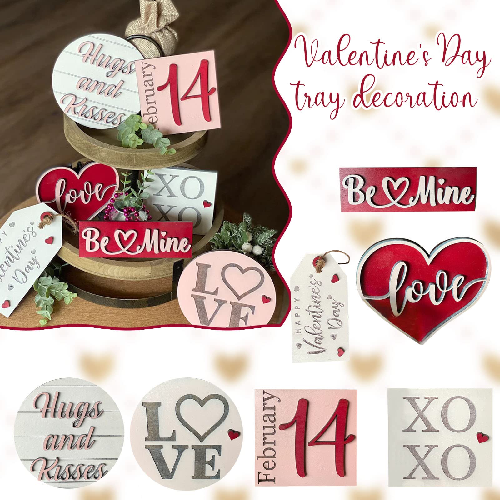 7pcs Valentines Day Decorations for The Home Wooden Rustic Tiered Tray Decor for Table House Kitchen Shelf Coffee Bar (White&Pink&Red, One Size)