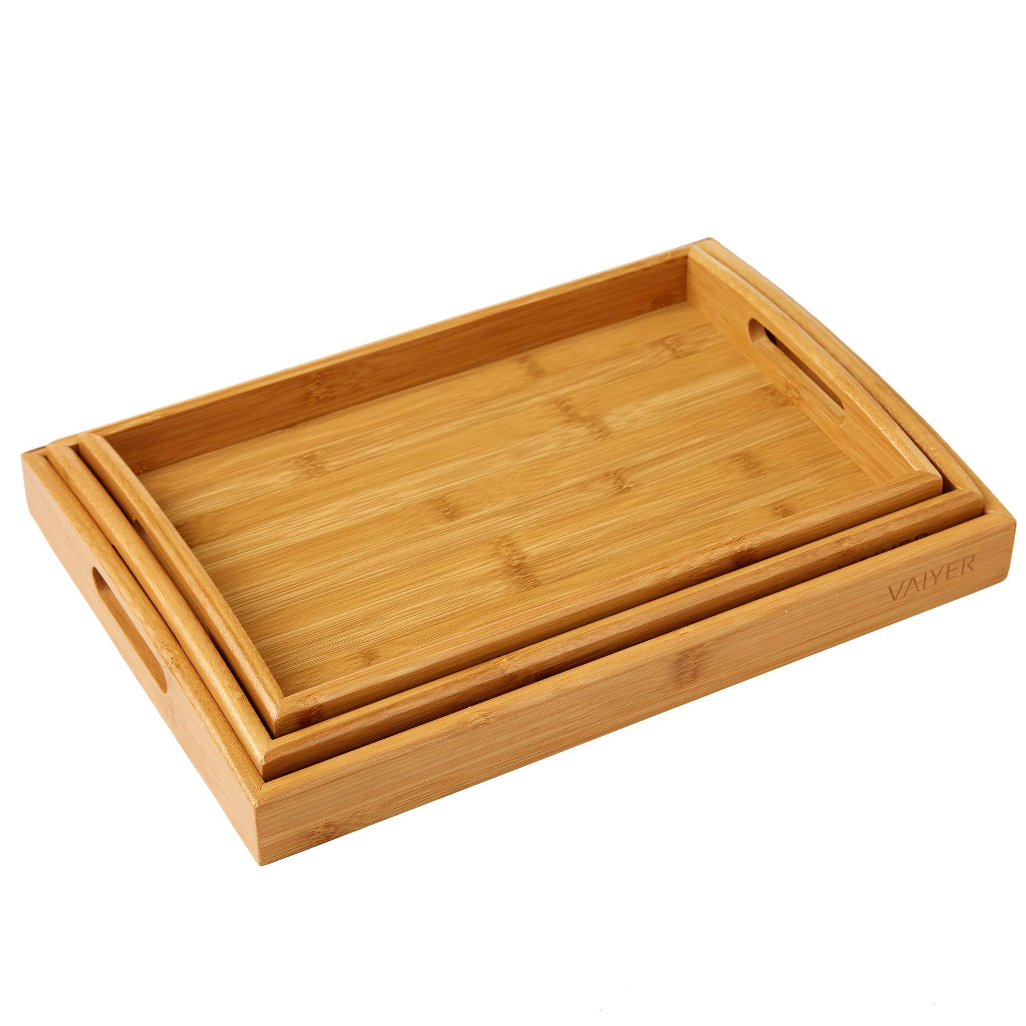 Draizee 3 Piece Set Wooden Bamboo Breakfast Serving Tray with Handles, for Food, Breakfast, Dinner, Ottoman Coffee Table, Parties, Restaurants