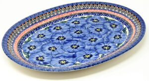 polish pottery large serving platter in regal bouquet unikat pattern signed by anna madziarz from zaklady boleslawiec, dimensions 13.5" x 11"