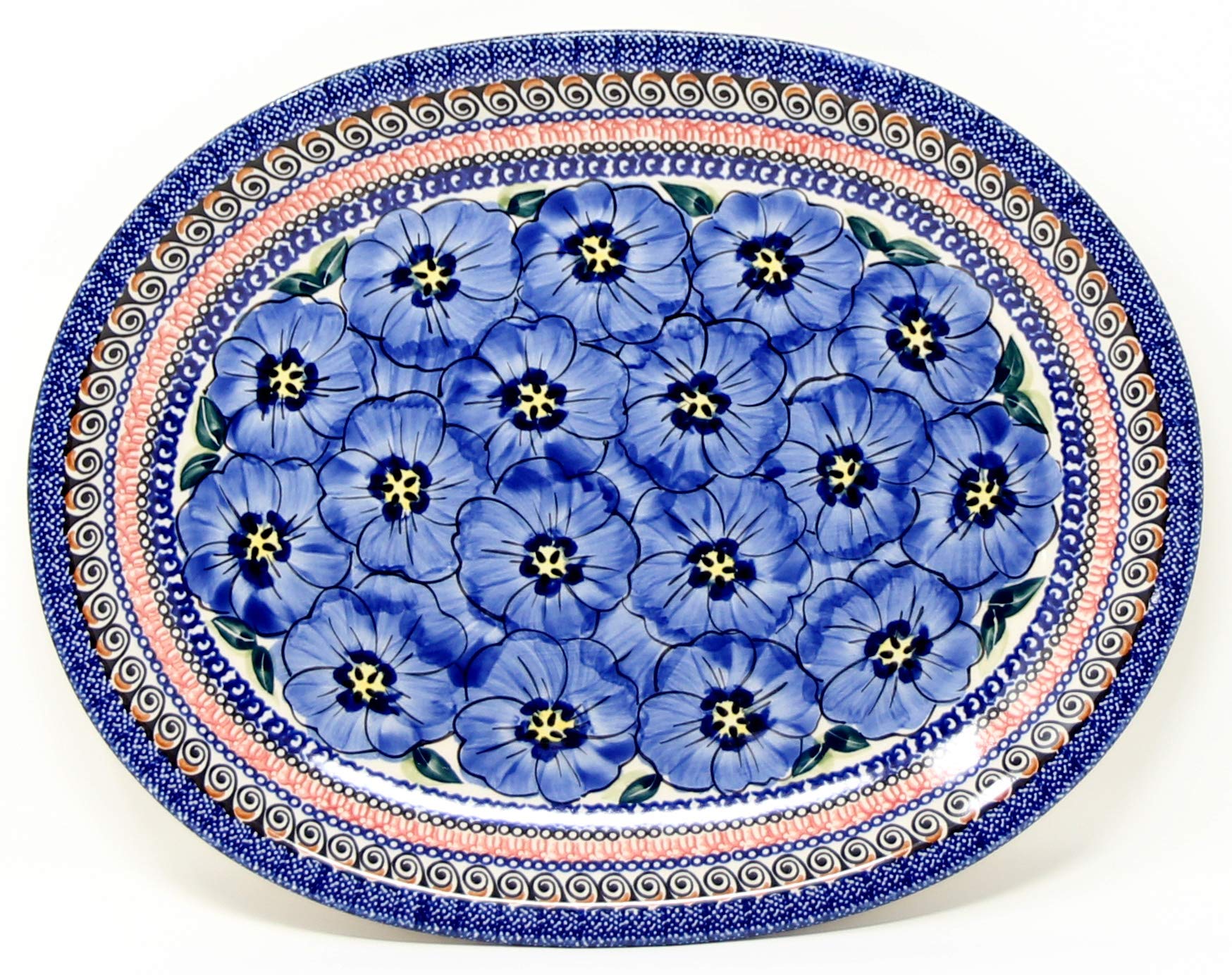 Polish Pottery Large Serving Platter in Regal Bouquet Unikat Pattern signed by Anna Madziarz from Zaklady Boleslawiec, dimensions 13.5" x 11"