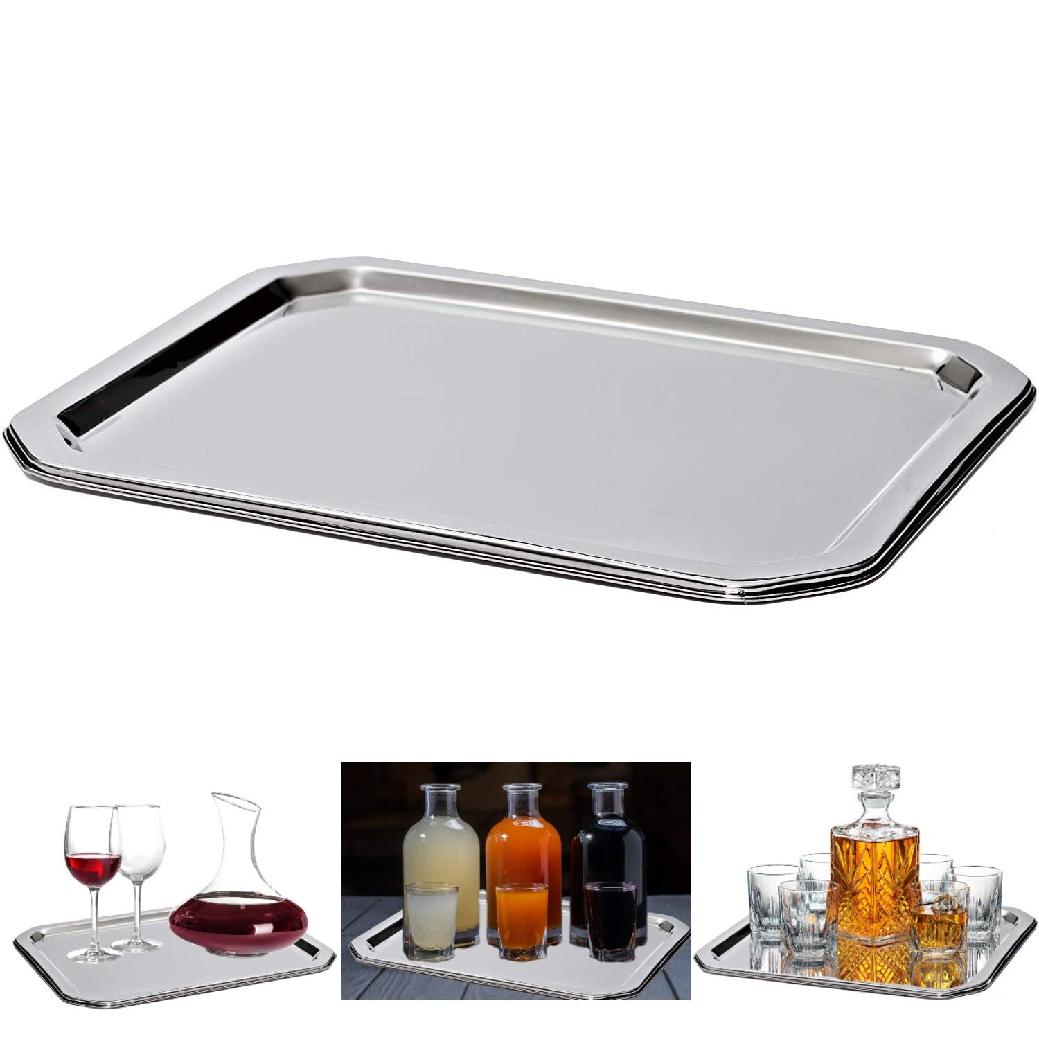 Bezrat Stainless Steel Food Serving Tray – Rectangular Decorative Mirrored Serveware Platter - Medium (15" x 12")