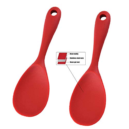 Silicone Rice Paddle Spoon Set of 2,Non Stick Heat Resistant Kitchen Gadge Rice Spoon,Rice Scooper,Rice Spatula,Rice Spoon Paddle,Rice Cooker Spoon,Works for Rice,Mashed Potato Or More (Red)