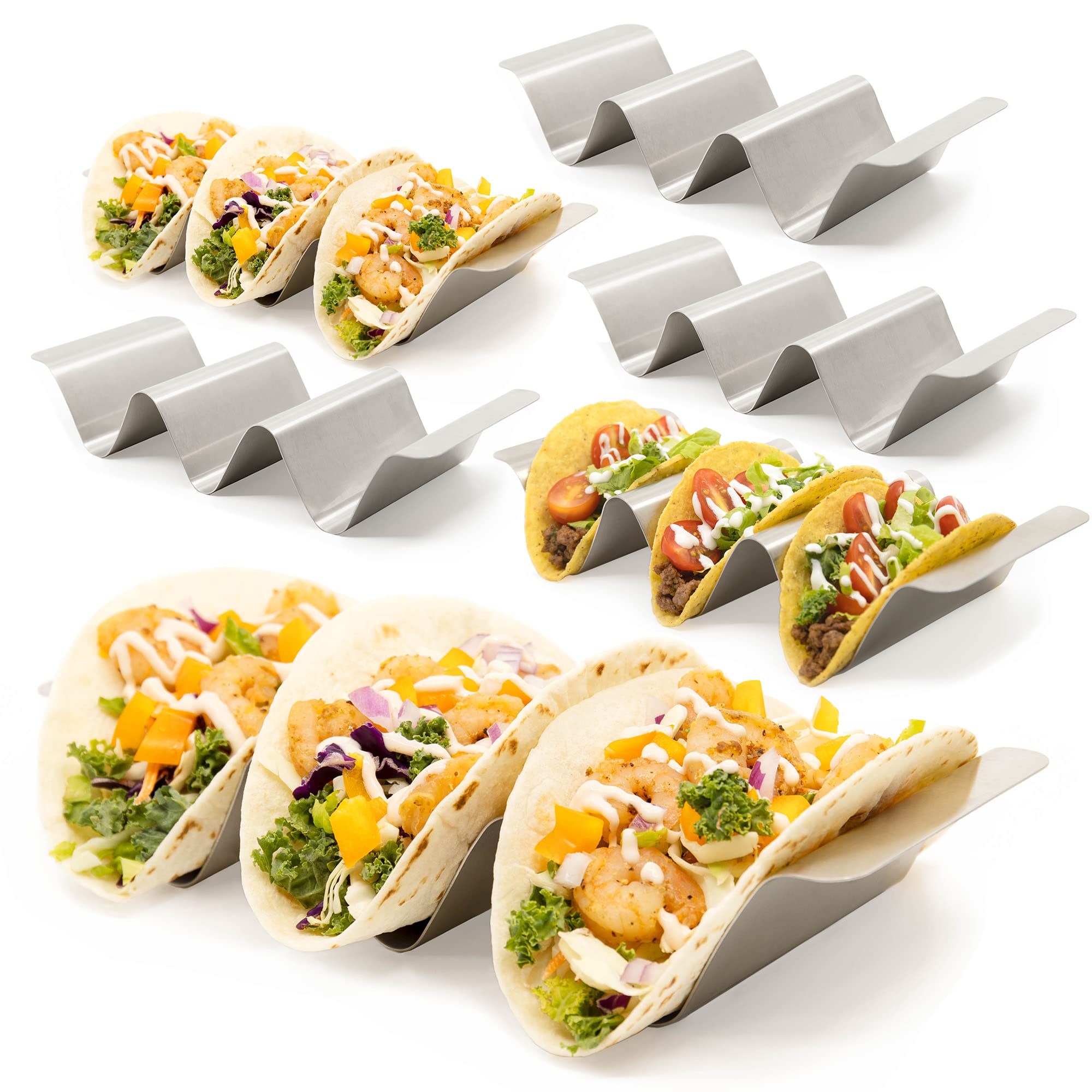 Chef Tacos Stainless Steel Taco Holder Set of 6 - Taco Stands with Handles, Dishwasher and Grill Safe Taco Rack, Taco Serving Set, BPA-Free Metal Taco Shell Holders