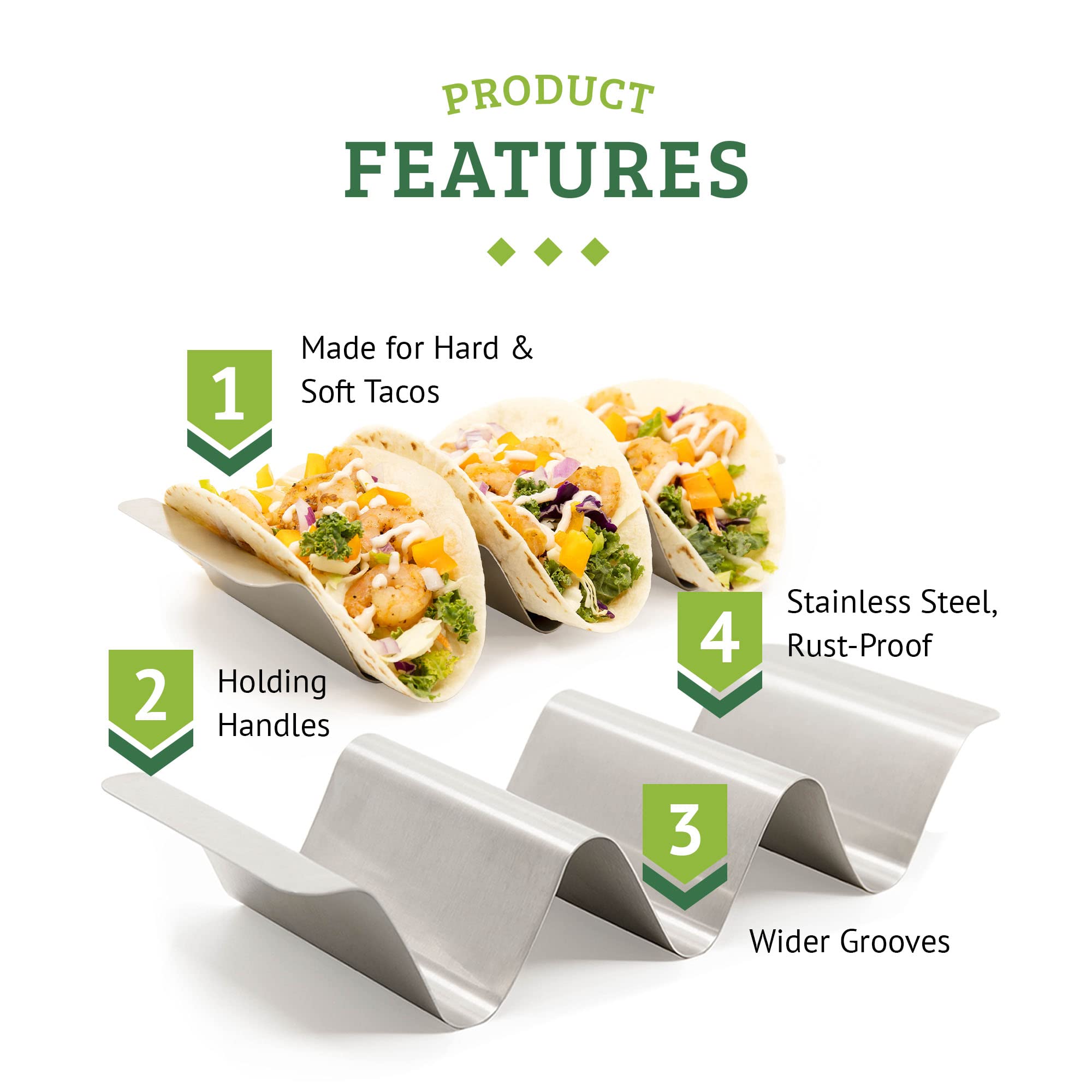 Chef Tacos Stainless Steel Taco Holder Set of 6 - Taco Stands with Handles, Dishwasher and Grill Safe Taco Rack, Taco Serving Set, BPA-Free Metal Taco Shell Holders