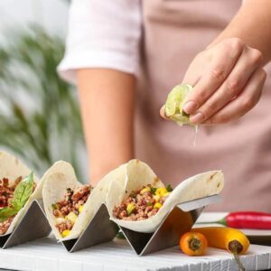 Taco Holders Set of 4 - Premium Large Taco Shells Plates Holds Up to 3 or 2 Tacos Each, Stainless Steel Very Hard and Sturdy, Dishwasher & Oven Safe