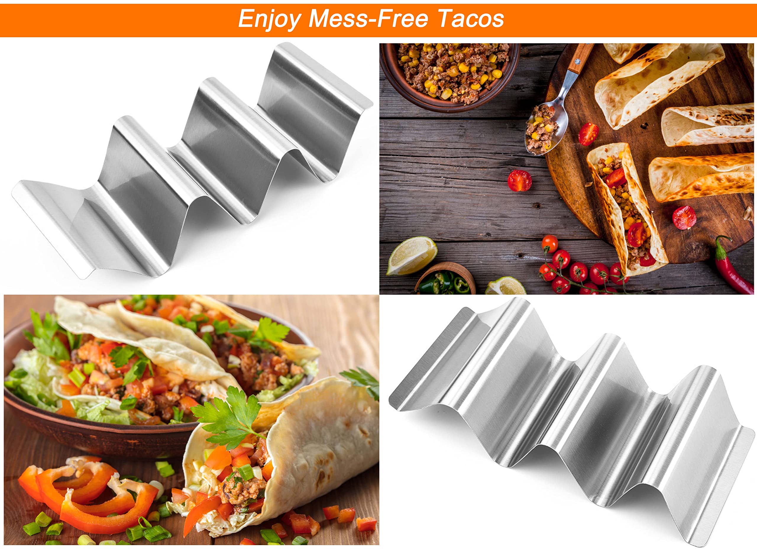 Taco Holders 4 Packs, Stainless Steel Taco Racks With Handles by Encoli, Toco Stand Hold up to 3 taco, Oven Grill Dishwasher Safe