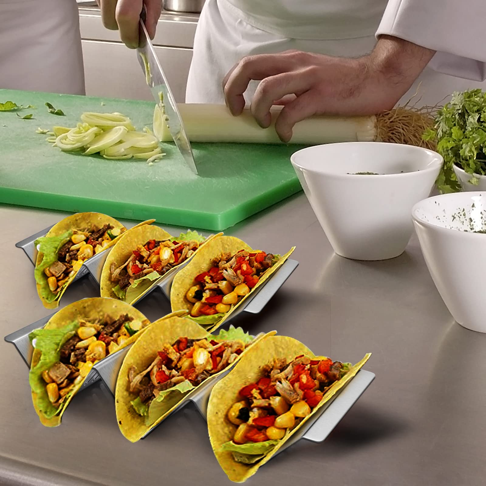 VCC Taco Holder Stand, Taco Holders Set of 4 with Easy-Access Handle, Taco Tray - Food Grade Taco Plate Shells Oven & Dishwasher Safe, BPA Free